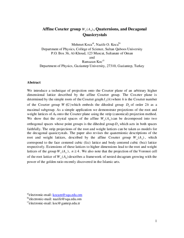(PDF) Affine coxeter group W a (A 4 ), quaternions, and decagonal ...