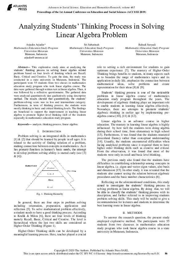 (PDF) Analyzing Students’ Thinking Process in Solving Linear Algebra Problem