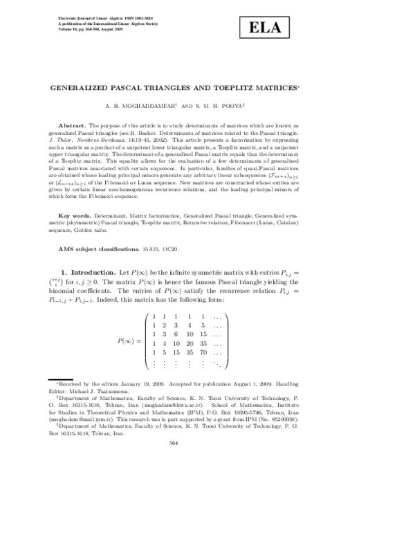 (PDF) Generalized Pascal triangles and Toeplitz matrices