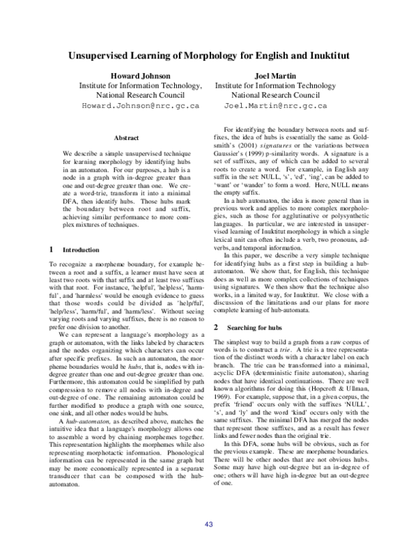 (PDF) Unsupervised learning of morphology for English and Inuktitut | Joel Martin - Academia.edu