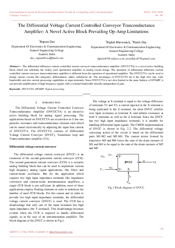 (PDF) The Differential Voltage Current Controlled Conveyor Tranconductance Amplifier: A Novel ...