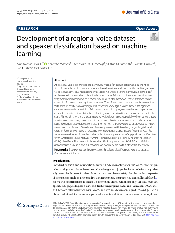 (PDF) Development of a regional voice dataset and speaker classification based on machine learning