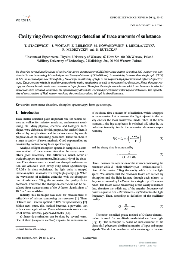 (PDF) Cavity ring down spectroscopy: detection of trace amounts of substance