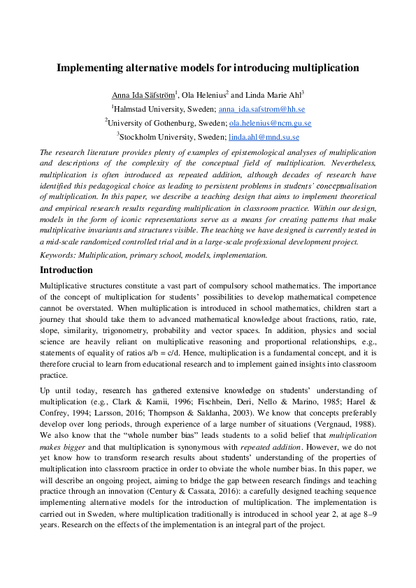 (PDF) Implementing alternative models for introducing multiplication