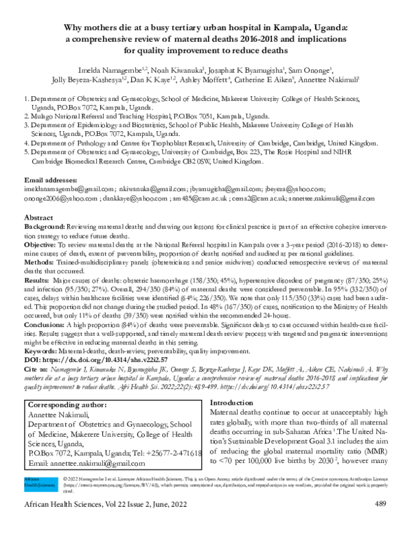 (PDF) Why mothers die at a busy tertiary urban hospital in Kampala ...