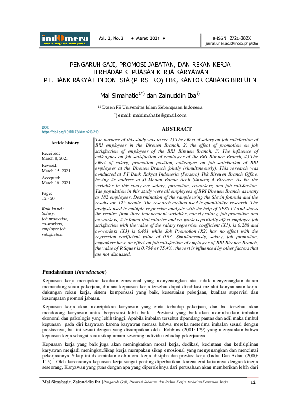(PDF) Pengaruh Gaji, Promosi Jabatan, Dan Rekan Kerja Terhadap Kepuasan ...