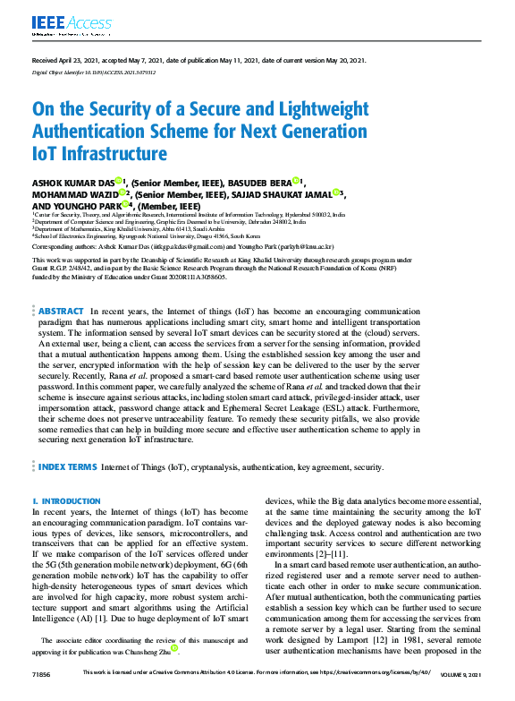 (PDF) On the Security of a Secure and Lightweight Authentication Scheme for Next Generation IoT ...