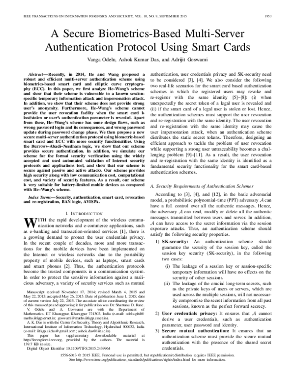 Pdf A Secure Biometrics Based Multi Server Authentication Protocol Using Smart Cards