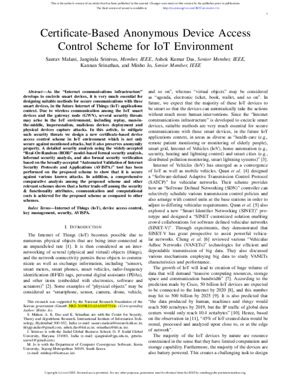 (PDF) Certificate-Based Anonymous Device Access Control Scheme for IoT Environment