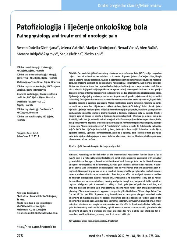 (PDF) Pathophysiology and treatment of oncologic pain