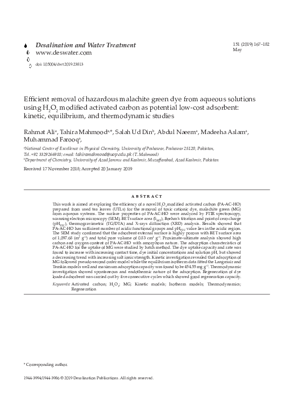 (PDF) Efficient removal of hazardous malachite green dye from aqueous solutions using H2O2 ...