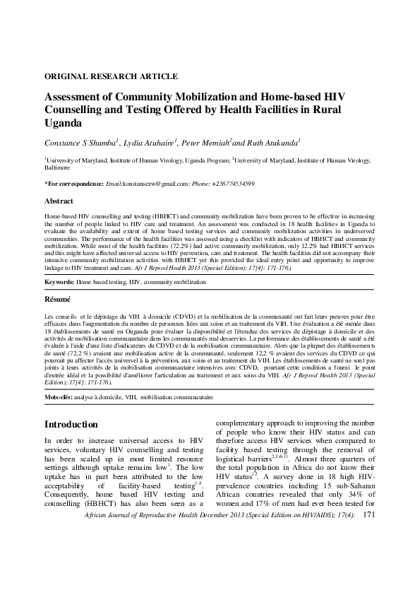 (PDF) Assessment of community mobilization and home-based HIV ...