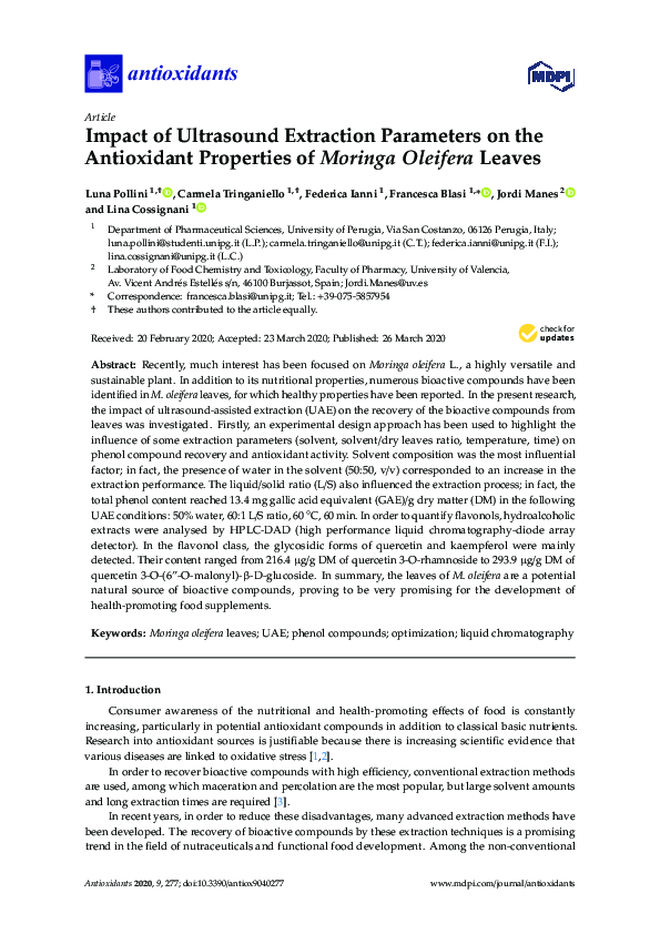 (PDF) Impact of Ultrasound Extraction Parameters on the Antioxidant Properties of Moringa ...