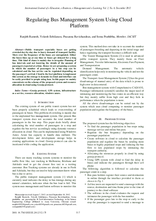 (PDF) Regulating Bus Management System Using CloudPlatform | Ranjith Ramesh - Academia.edu