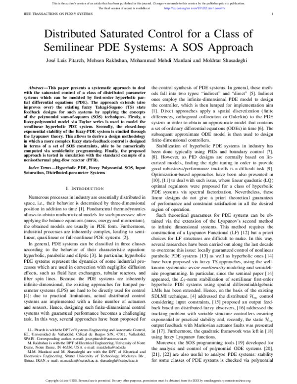 (PDF) Distributed Saturated Control for a Class of Semilinear PDE Systems: An SOS Approach