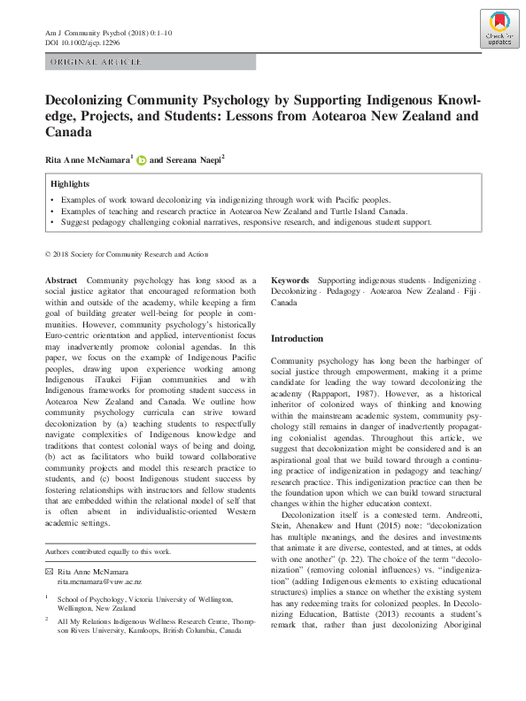 (PDF) Decolonizing Community Psychology by Supporting Indigenous Knowledge, Projects, and ...