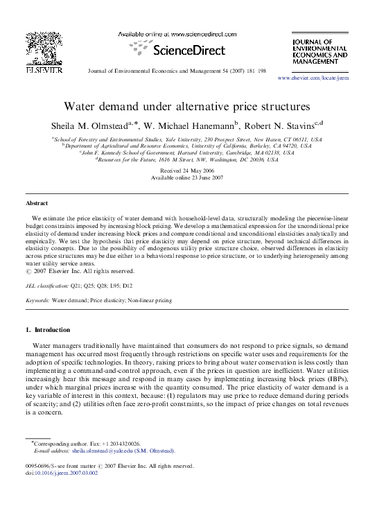 (PDF) Water demand under alternative price structures