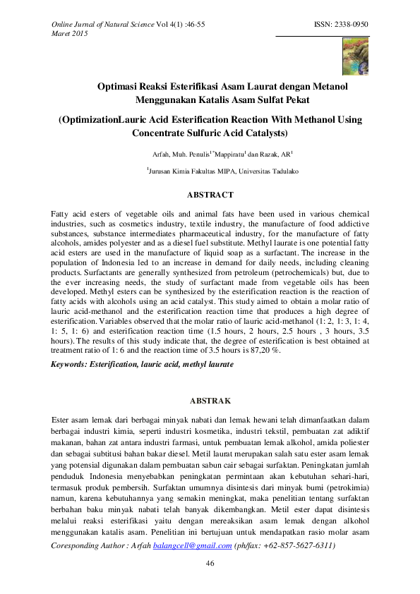 (PDF) Optimasi Reaksi Esterifikasi Asam Laurat dengan Metanol ...