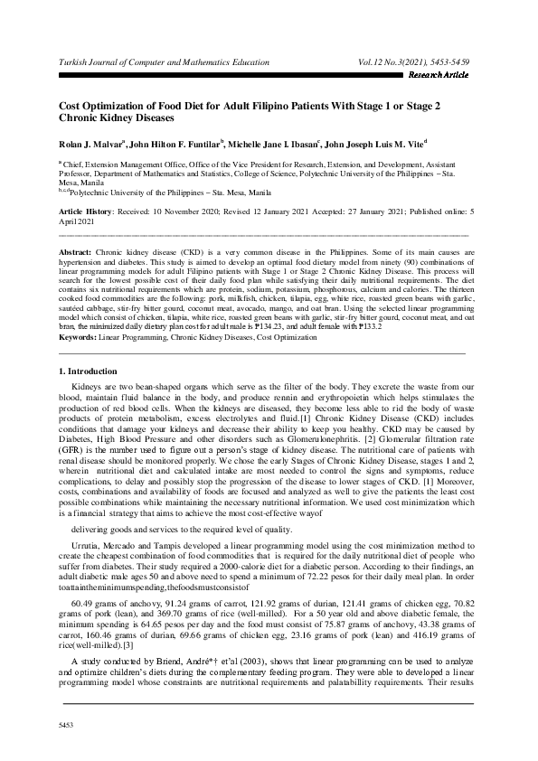 Cost Optimization of Food Diet for Adult Filipino Patients With Stage 1 ...