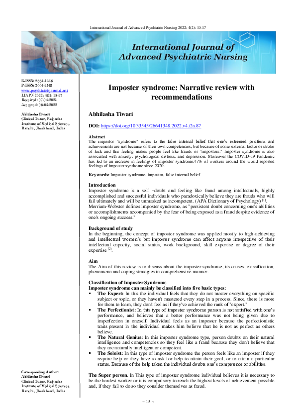 (PDF) Imposter syndrome: Narrative review with recommendations