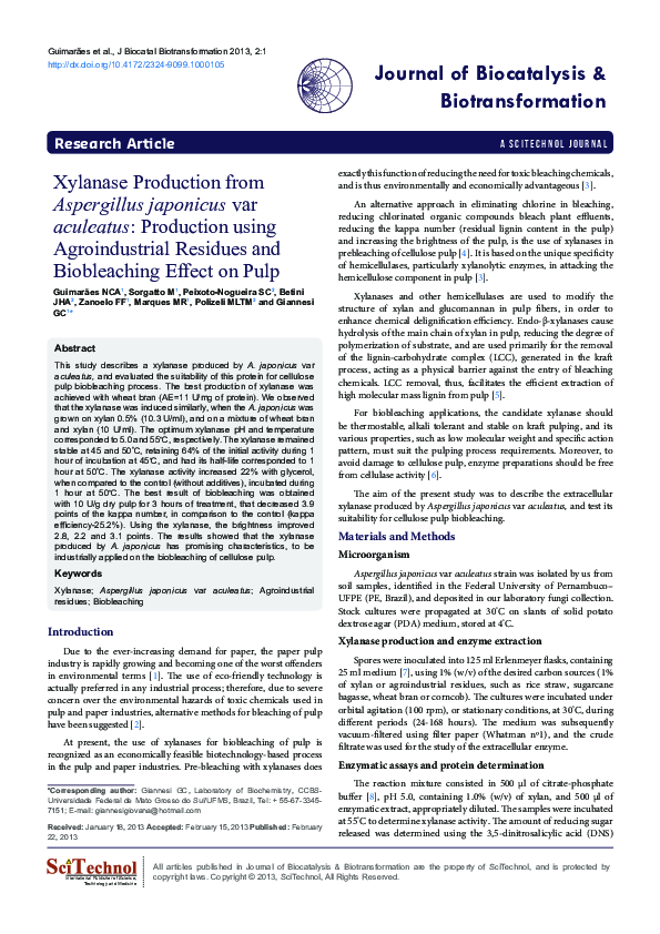 (PDF) Xylanase Production from Aspergillus japonicus var aculeatus: Production using ...