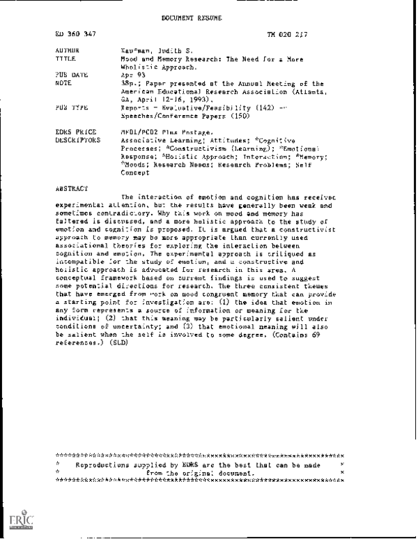 (PDF) Mood and Memory Research: The Need for a More Wholistic Approach