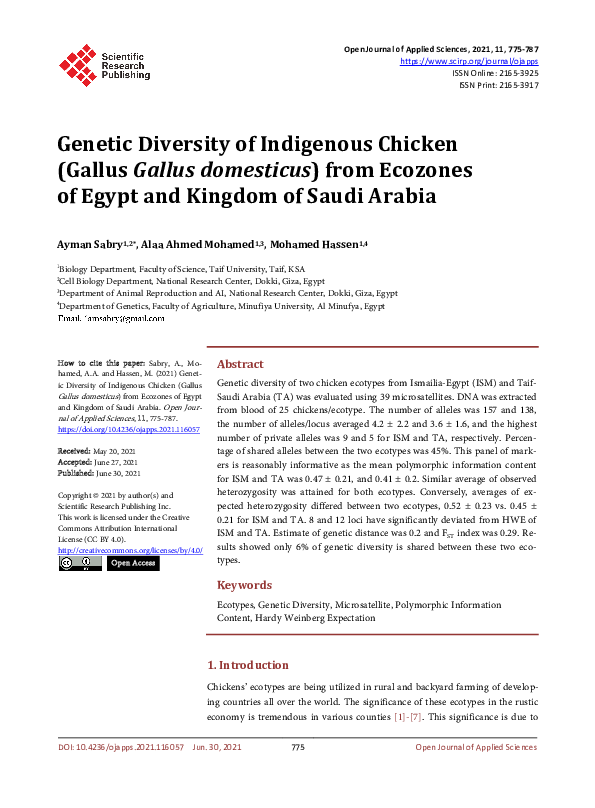 (PDF) Genetic Diversity of Indigenous Chicken (Gallus Gallus domesticus) from Ecozones of Egypt ...