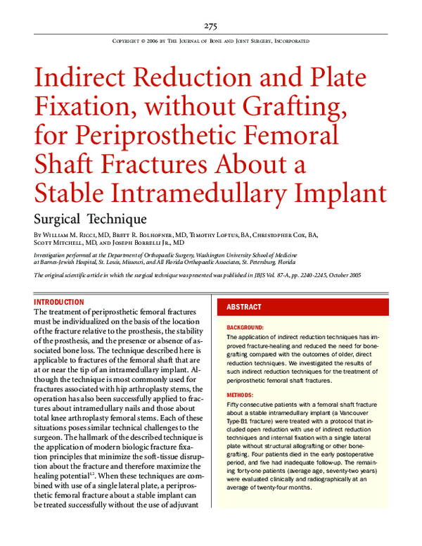 (PDF) Indirect Reduction and Plate Fixation, without Grafting, for Periprosthetic Femoral Shaft ...