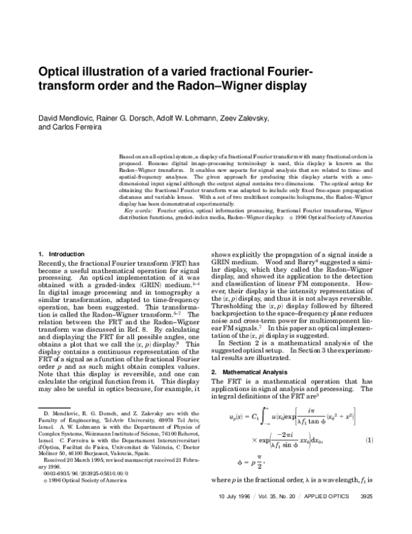 Pdf Optical Illustration Of A Varied Fractional Fourier Transform Order And The Radon Wigner