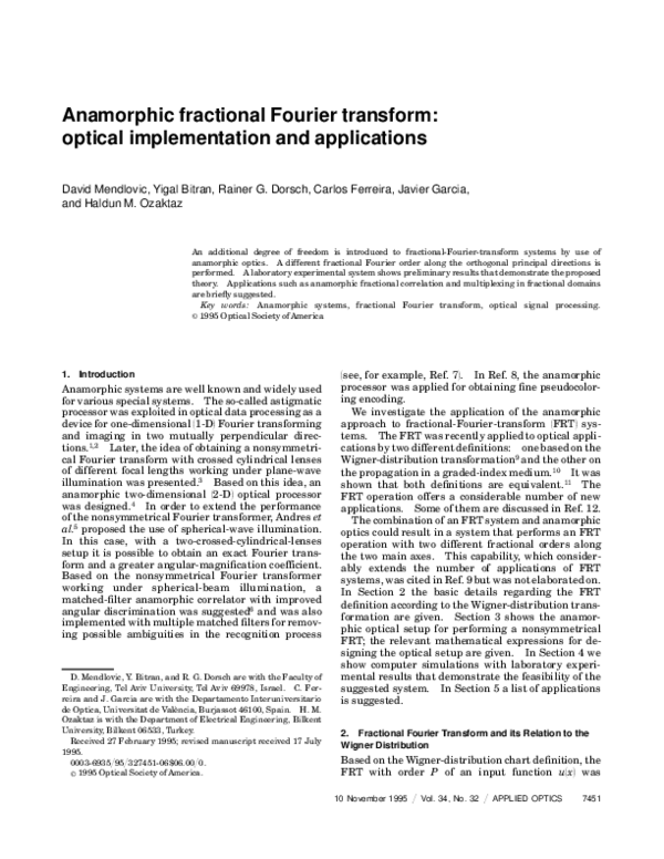 Pdf Anamorphic Fractional Fourier Transform Optical Implementation