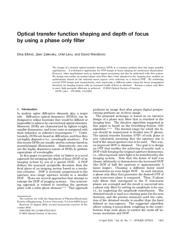 (PDF) Optical Transfer Function Shaping and Depth of Focus by using a Phase Only Filter