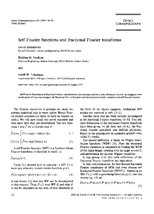 Pdf Self Fourier Functions And Fractional Fourier Transforms