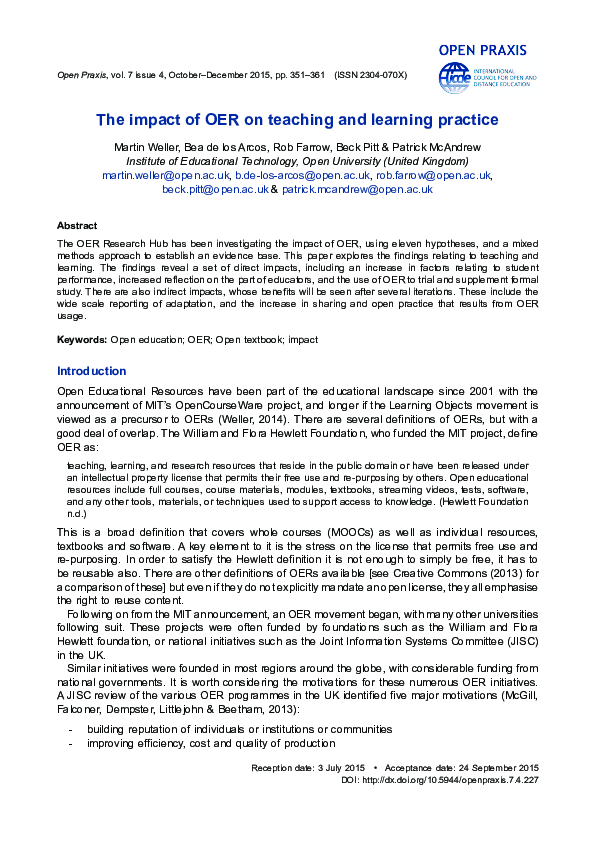 (PDF) The impact of OER on teaching and learning practice