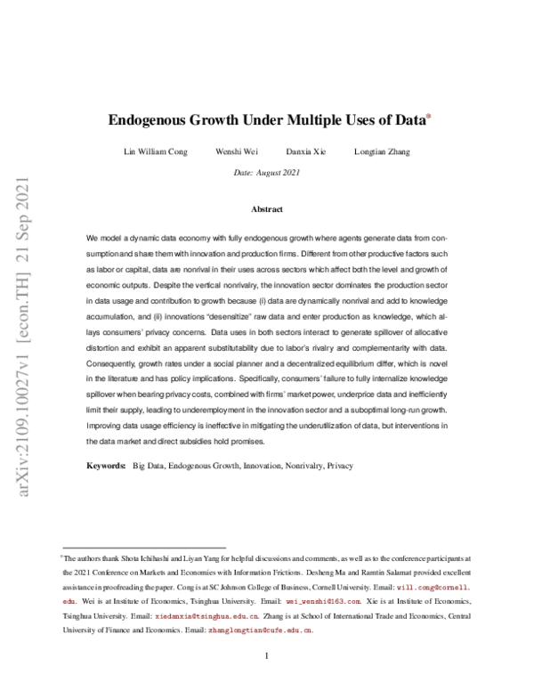 (PDF) Endogenous Growth Under Multiple Uses of Data