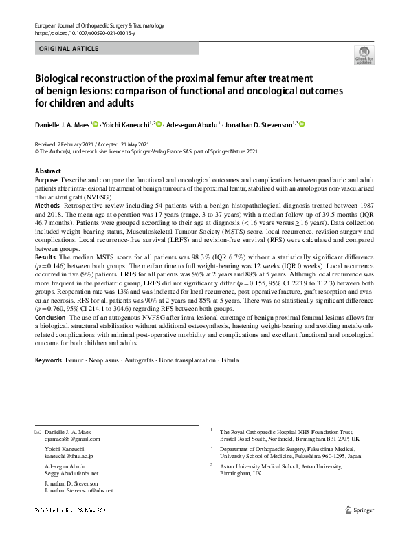(PDF) Biological reconstruction of the proximal femur after treatment of benign lesions ...