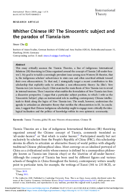 (PDF) Whither Chinese IR? The Sinocentric subject and the paradox of ...