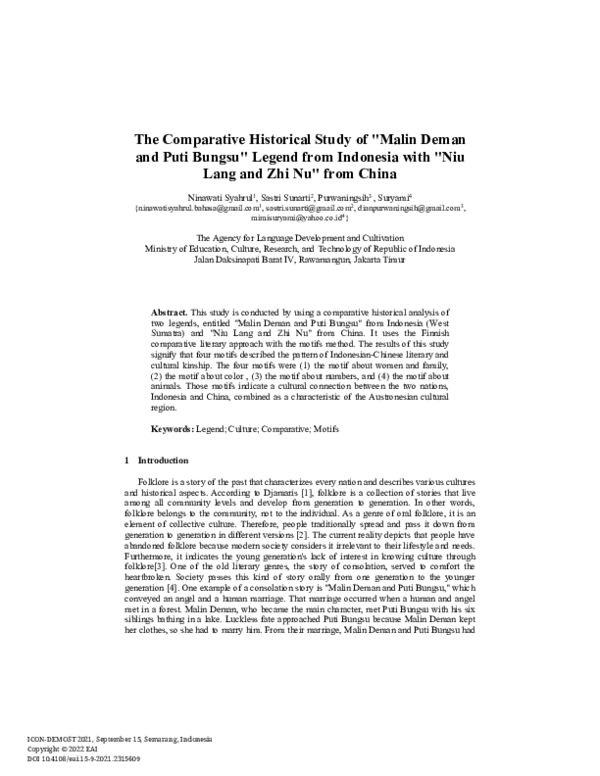 (PDF) The Comparative Historical Study of "Malin Deman and Puti Bungsu" Legend from Indonesia ...
