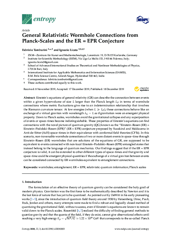 (PDF) General Relativistic Wormhole Connections from Planck-Scales and ...