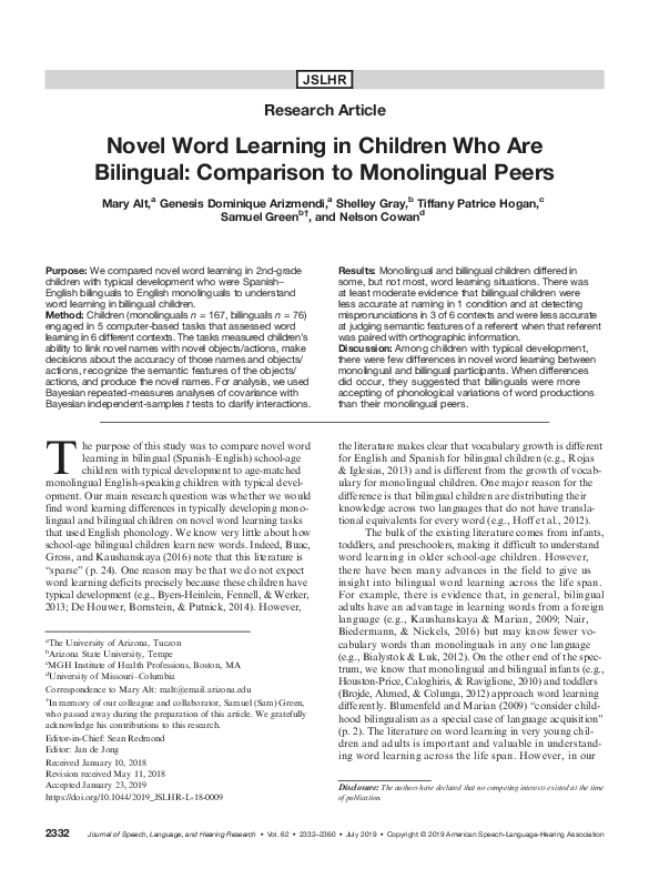 (PDF) Novel Word Learning in Children Who Are Bilingual: Comparison to Monolingual Peers