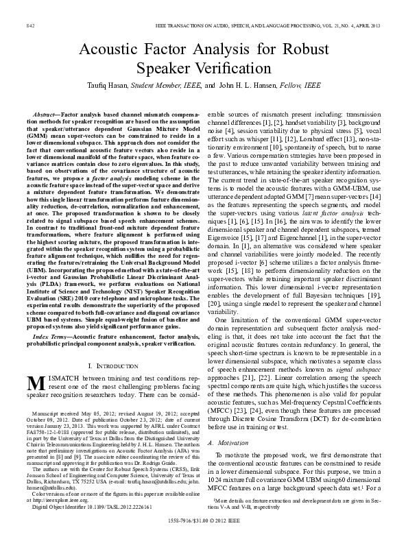 (PDF) Acoustic Factor Analysis for Robust Speaker Verification