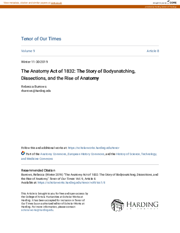 (PDF) The Anatomy Act of 1832: The Story of Bodysnatching, Dissections ...
