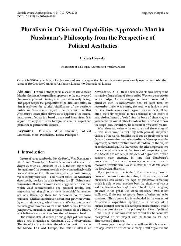 (PDF) Pluralism in Crisis and Capabilities Approach: Martha Nussbaum's ...
