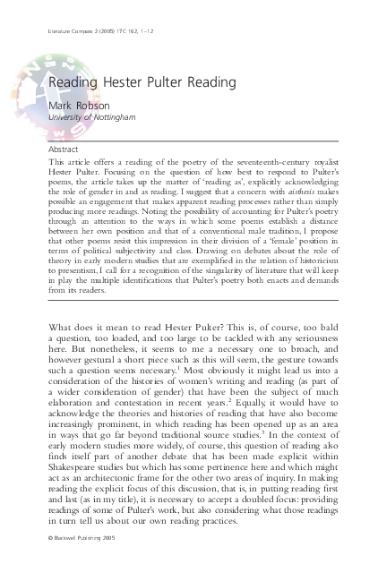 (PDF) Reading Hester Pulter Reading