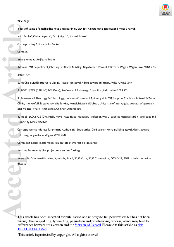 (PDF) Is loss of sense of smell a diagnostic marker in COVID‐19: A ...