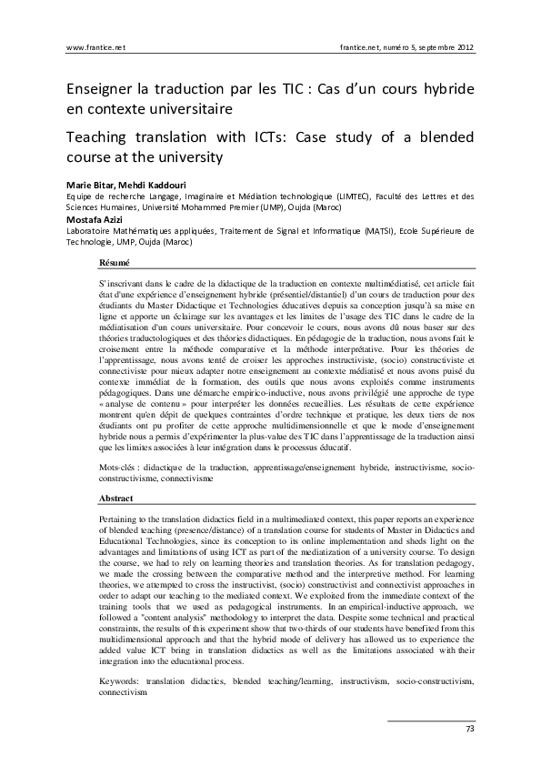 (PDF) Enseigner la traduction par les TIC : Cas d’un cours hybride en contexte universitaire ...