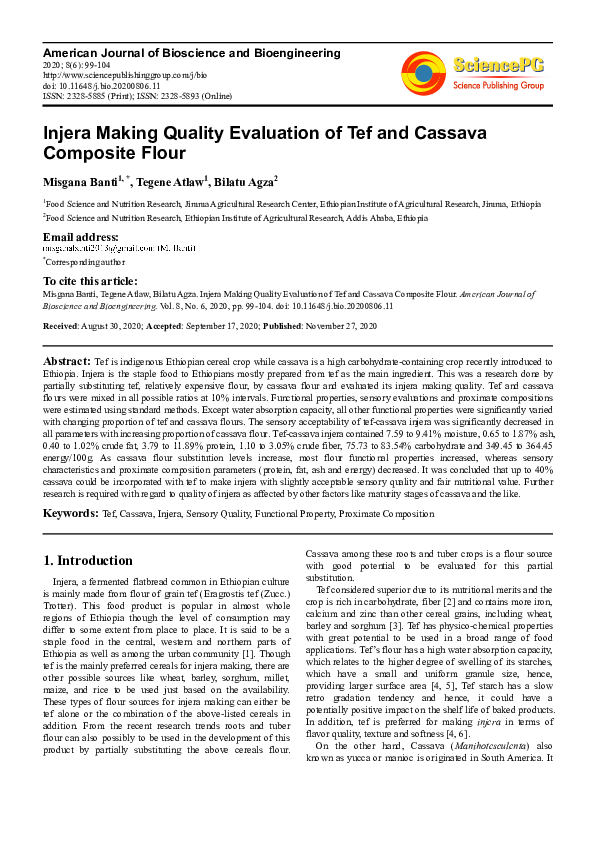 (PDF) Injera Making Quality Evaluation of Tef and Cassava Composite Flour