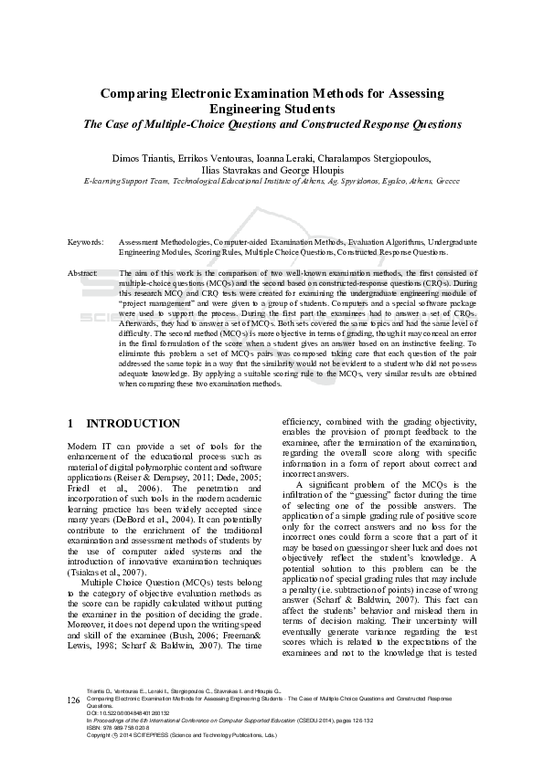(PDF) Comparing Electronic Examination Methods for Assessing Engineering Students - The Case of ...