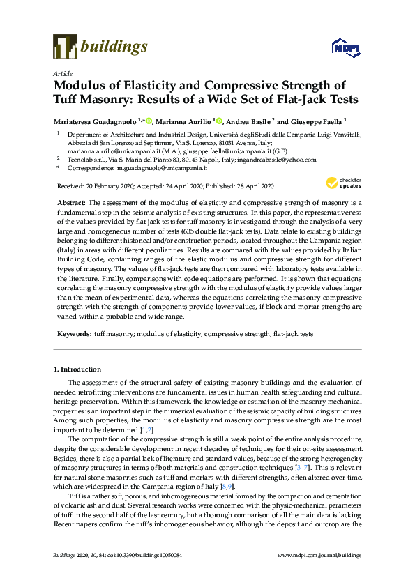 (PDF) Modulus of Elasticity and Compressive Strength of Tuff Masonry: Results of a Wide Set of ...