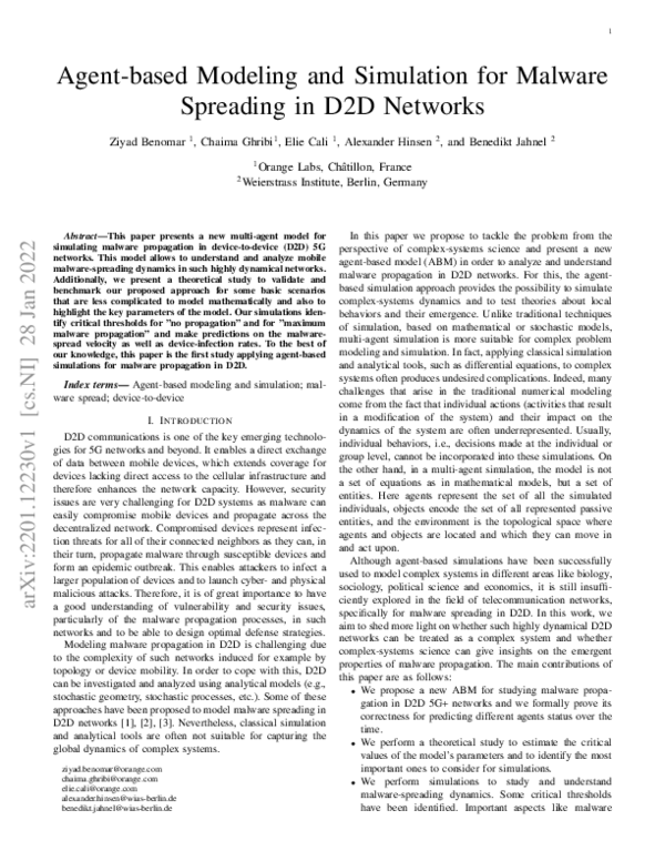 (PDF) Agent-based modeling and simulation for malware spreading in D2D networks