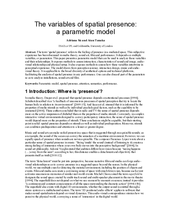 Pdf The Variables Of Spatial Presence A Parametric Model